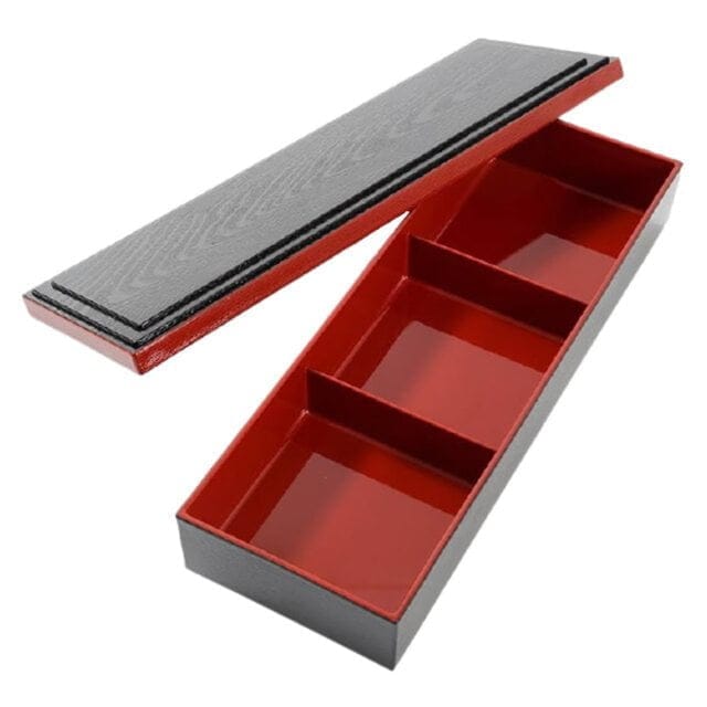Shokado Large Bento Box, Red & Black With Woodgrain Pattern